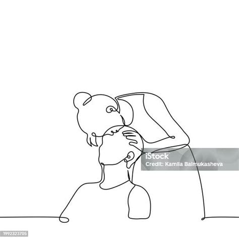 Wanita Mencium Pria Di Dahi Satu Garis Menggambar Vektor Ciuman Manis