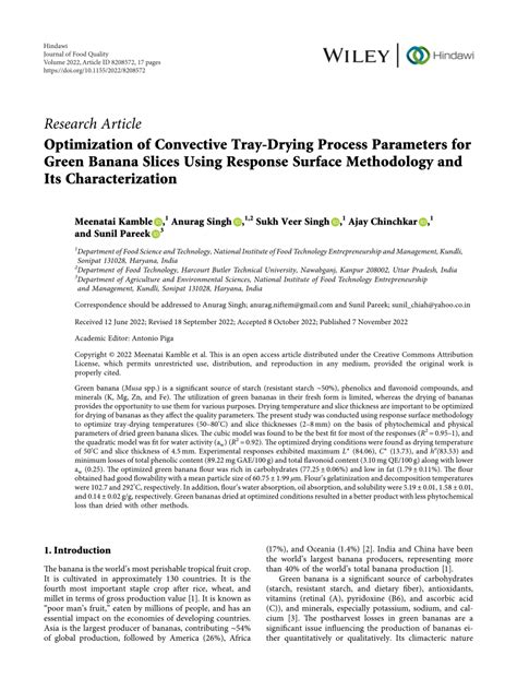 Pdf Optimization Of Convective Tray Drying Process Parameters For Green Banana Slices Using