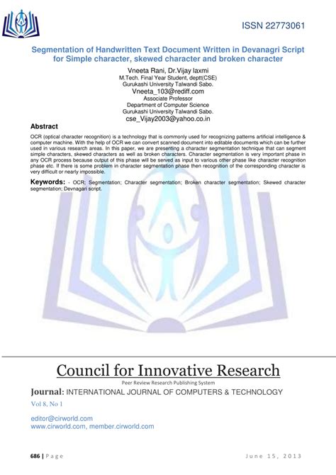 Pdf Segmentation Of Handwritten Text Document Written In Devanagri Script For Simple Character