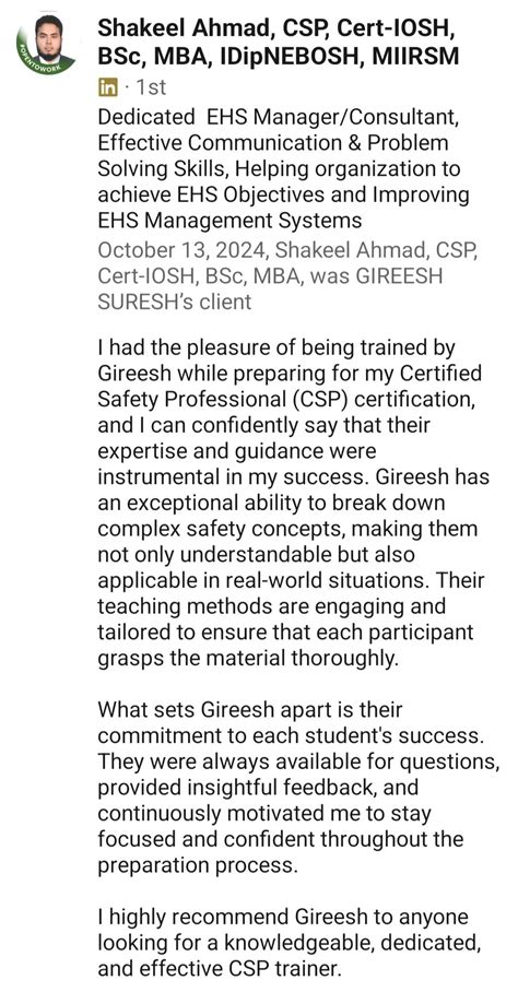 Gireesh Suresh Csp Crsp Cmiosh On Linkedin Hse Csp Feedback