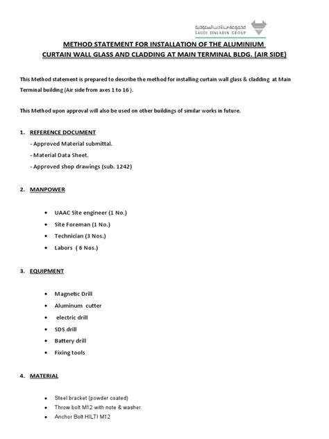 Method Statement For Installation Of Aluminium Curtain Wall Glass And Cladding At Main Terminal