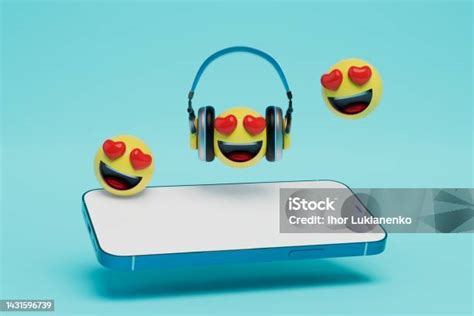스마트 폰에서 헤드폰으로 음악 듣기 음악을 듣는 이모티콘 3d 렌더링 0명에 대한 스톡 사진 및 기타 이미지 0명 가리기
