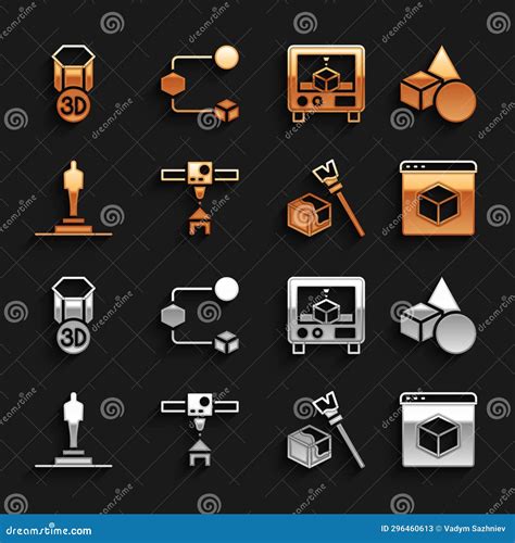 Set 3d Printer House Basic Geometric Shapes Isometric Cube Model And Icon Vector Stock