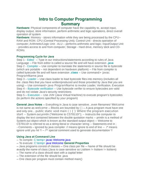 Computer Programming Notes Intro To Computer Programming Summary