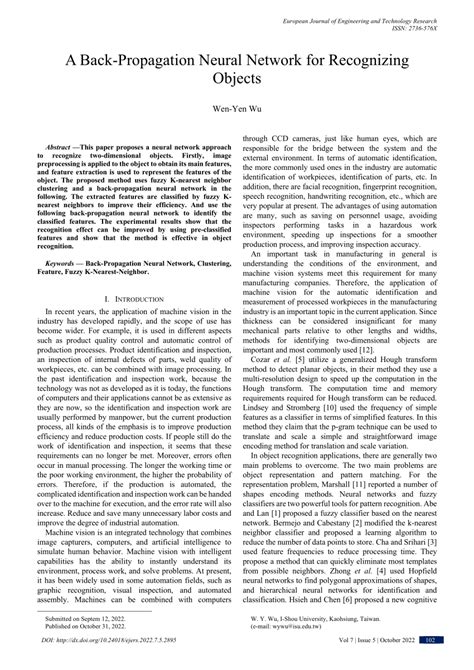 PDF A Back Propagation Neural Network For Recognizing Objects