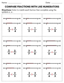 Rd Grade Math Worksheets Compare Fractions On A Number Line Like Numerators