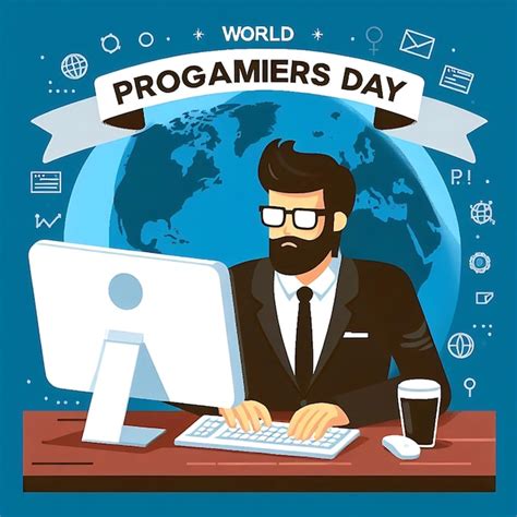 World Programmers Day A Man Is Sitting At A Desk With A World Day Poster On It Premium Ai