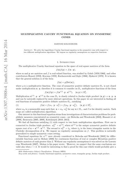 Pdf Multiplicative Cauchy Functional Equation On Symmetric Cones