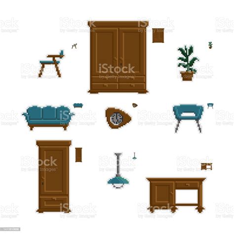 가정용 가구 오래된 타일 픽셀 아트 세트 테이블 의자 안락 의자 식물 샹들리에 찬장 시계 격리된 벡터 일러스트 레이 션 가구에 대한 스톡 벡터 아트 및 기타 이미지 Istock