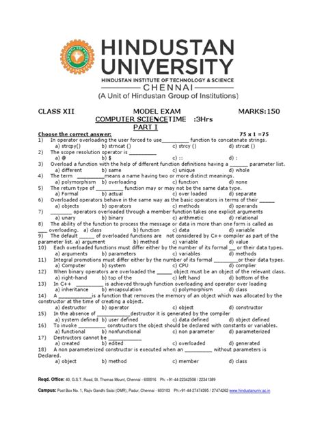 Class Xii Model Exam Marks150 Computer Sciencetime3hrs Pdf Method