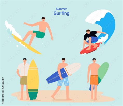 서핑 하는 남자의 다양한 모습 Stock Vector Adobe Stock