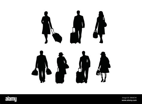 Travelers With Luggage Silhouettes Airport Passengers Vector Set