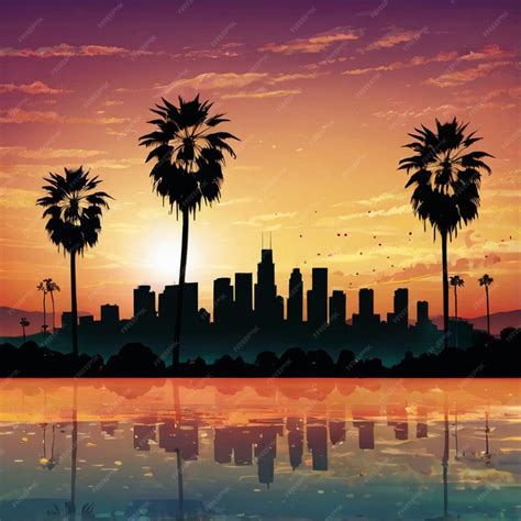 New Summer Sunset City Skyline Silhouette Los Angeles California