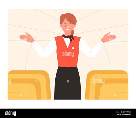 Flight Attendant Shows Emergency Exits Cabin Crew Safety Demonstration Cartoon Vector
