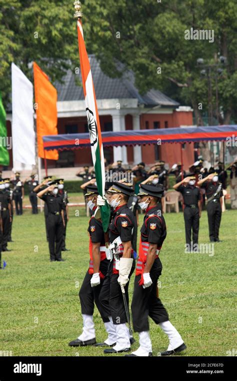 Dehradun Uttarakhand India August 15 2020 Ima Passing Out Parade Cadets Marching With Flags
