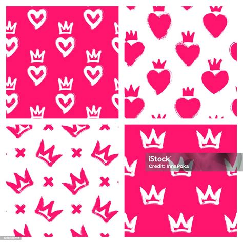 로맨틱 한 발렌타인 데이 하트와 크라운과 신부 원활한 패턴의 세트 포장지 초대 장 린넨 등을위한 귀여운 벡터 배경 화면 흰색과 빨간색 배경입니다 0명에 대한 스톡 벡터 아트