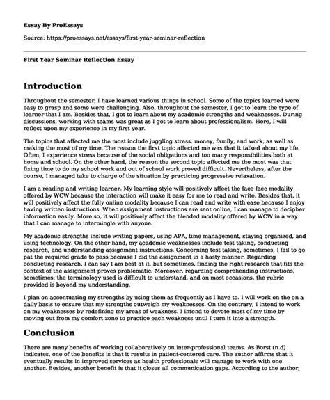 📚 First Year Seminar Reflection Free Essay Term Paper Example