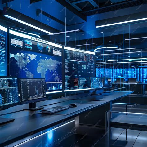 Control Room Filled With Computer Screens A sleek and modern control room filled with monitors ...