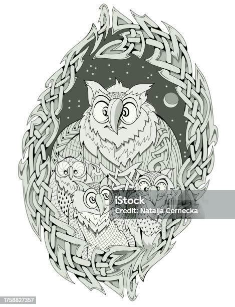 환상적인 올빼미 가족의 그림입니다 고대 전설의 북유럽 장식이 있는 추상적인 배경입니다 켈트족 매듭이 있는 민족 장식품 직물 헤나 문신을 위한 인쇄 0명에 대한 스톡 벡터