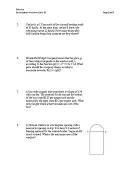 Math Calculus Optimization Problems Ver B By Barry Tutoring Handouts