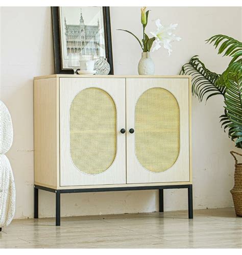 Dolonm 보관 캐비닛 타원형 등나무 문이 있는 목재 뷔페 사이드보드 바 주류 캐비닛 다이닝룸 거실 티몬