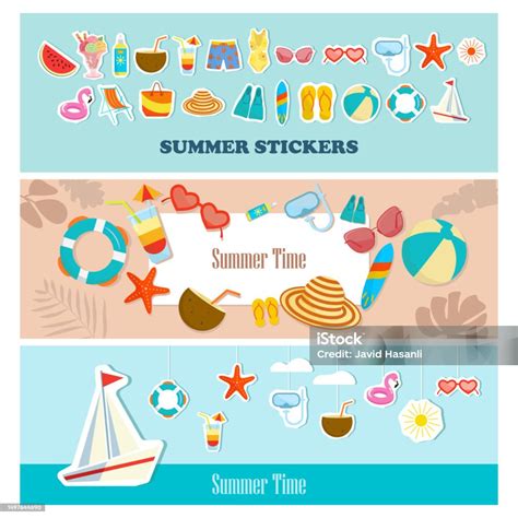 만화 여름 요소 아이템 또는 사인 여행 해변 카드 및 여름 액세서리 칵테일 아이스크림 이국적인 과일 벡터 삽화 세트 팜과 서핑 보드 우산과 선글라스 가방에 대한 스톡 벡터