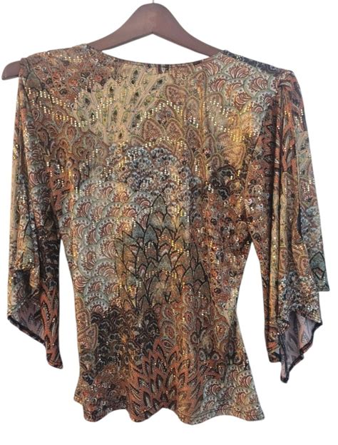 Msk Metallic Sequin Paisley Print Bell Sleeve Blouse Womens Medium