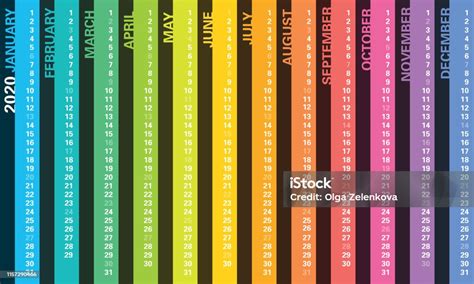 수직 무지개 디자인 월요일 휴일 영어와 창조적 인 벽 달력 2020 웹 비즈니스 인쇄 엽서 벽 책갈피 및 배너를위한 여러 가지 색의 템플릿 달력에 대한 스톡 벡터 아트 및