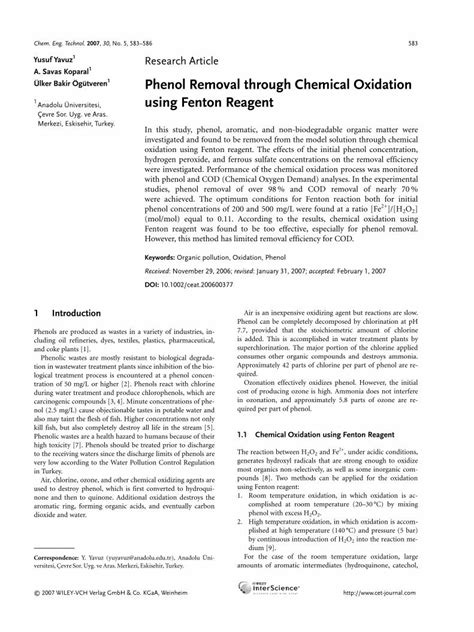 Pdf Phenol Removal Through Chemical Oxidation Using Fenton Reagent
