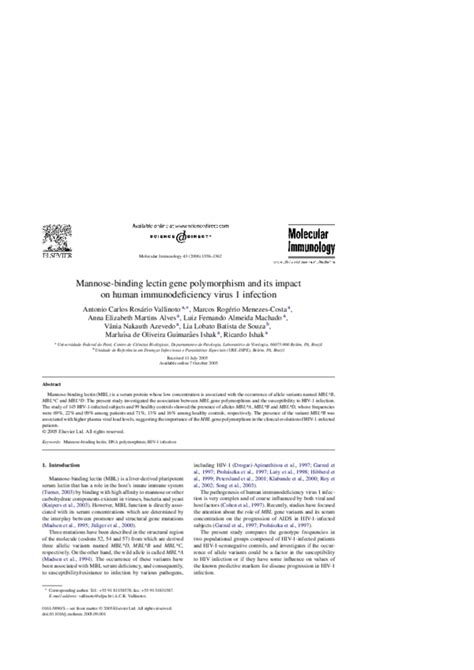 Pdf Mannose Binding Lectin Gene Polymorphism And Its Impact On Human Immunodeficiency Virus 1