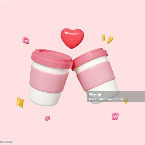 발렌타인 커플 컵 음료 아이콘은 분홍색 배경에 분리되어 있습니다 클리핑 패스 3d 렌더링 그림 3차원 형태에 대한 스톡 사진 및