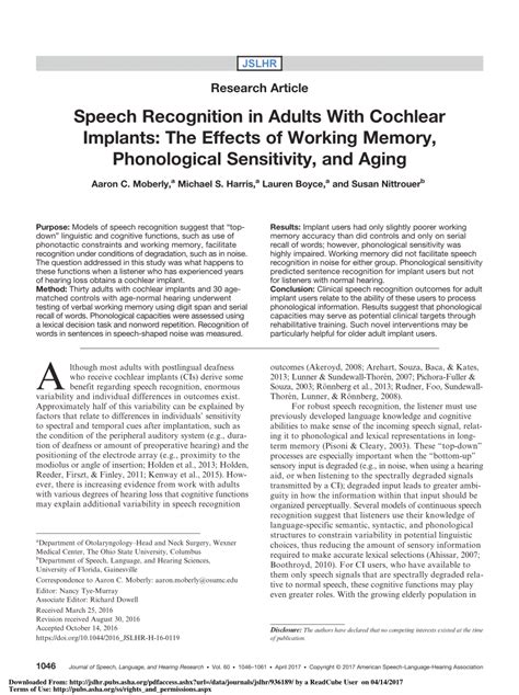Pdf Speech Recognition In Adults With Cochlear Implants The Effects Of Working Memory