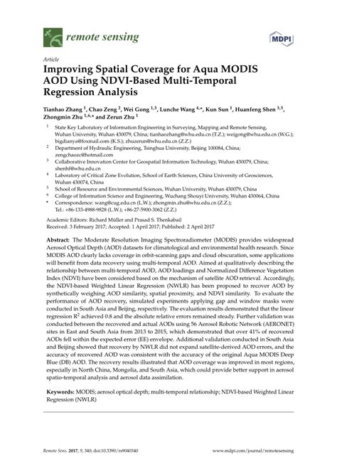 Pdf Improving Spatial Coverage For Aqua Modis Aod Using Ndvi Based