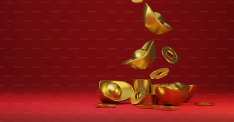 중국 설날 축제를 축하하기 위해 붉은 배경에 금괴와 고대 중국 금화가 떨어집니다 3d 렌더링 그림 사진 Unsplash의 새해 이미지