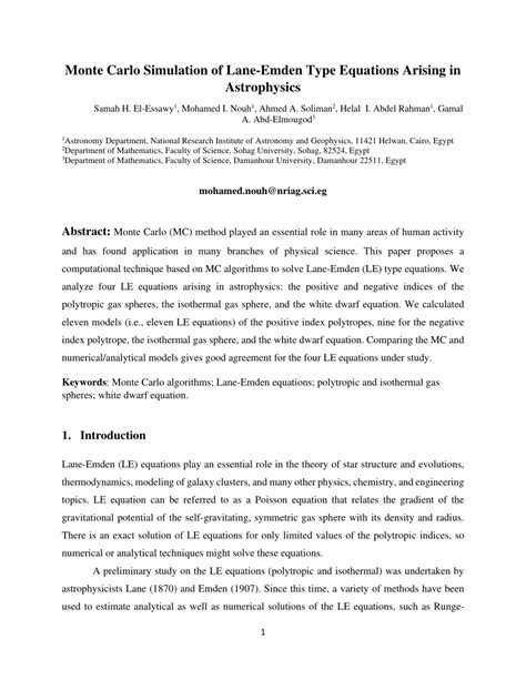 Pdf Monte Carlo Simulation Of Lane Emden Type Equations Arising In Astrophysics