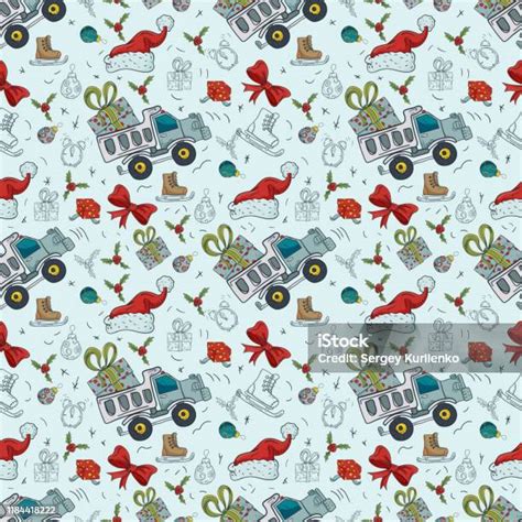 원활한 패턴 크리스마스 새해 색상과 윤곽 일러스트 아이 디자인 트럭 행운의 선물 산타 모자 홀리 크리스마스 공에 대한 낙서 레이아웃 12월에 대한 스톡 벡터 아트 및 기타