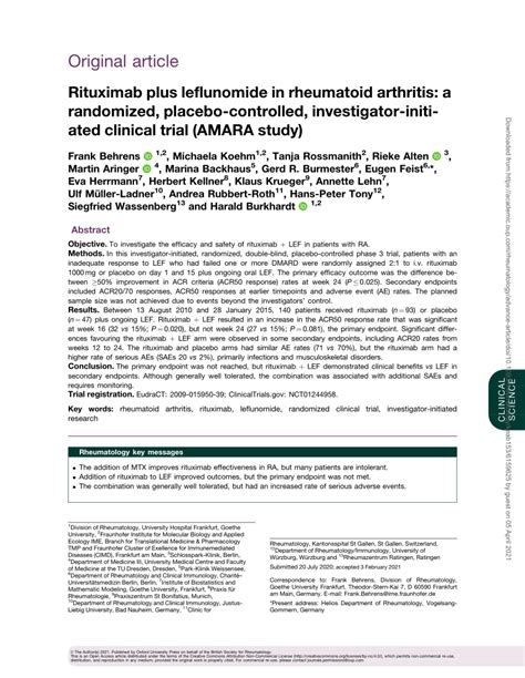Pdf Rituximab Plus Leflunomide In Rheumatoid Arthritis A Randomised Placebo Controlled