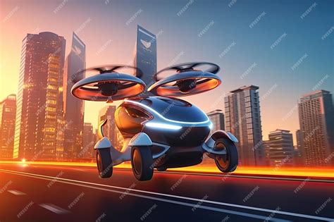 Premium Photo Driverless Autonomous Flying Drone Car Landing On The Road Futuristic Technology