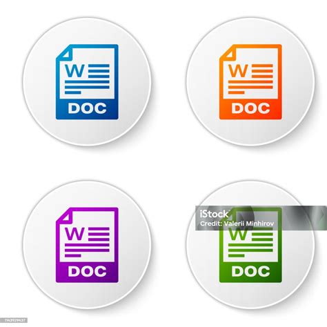 색상 Doc 파일 문서 아이콘을 표시 합니다 문서 버튼 아이콘 흰색 배경에 고립 다운로드 Doc 파일 확장자 기호입니다 원 버튼에 아이콘을 설정 합니다 벡터 일러스트 개념에
