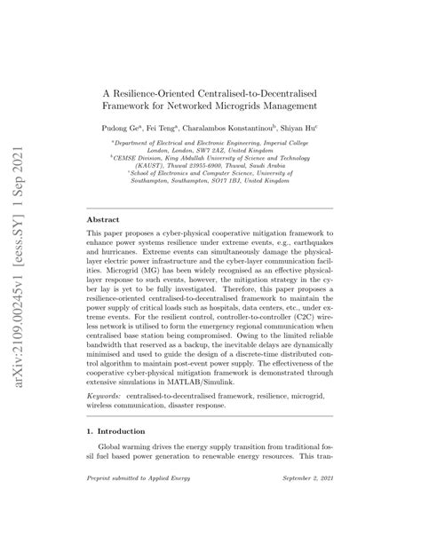 Pdf A Resilience Oriented Centralised To Decentralised Framework For Networked Microgrids