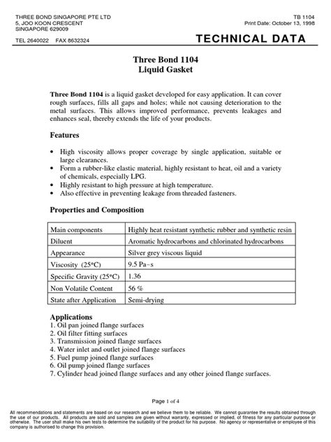 Technical Data Three Bond 1104 Liquid Gasket Pdf Pump Liquids