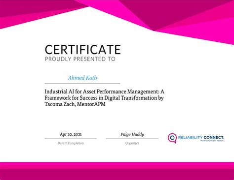 Certificate Of Completion Industrial Ai For Asset Performance Management A Framework For