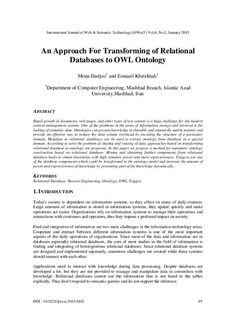 pdf an approach for transforming of relational databases to owl ontology