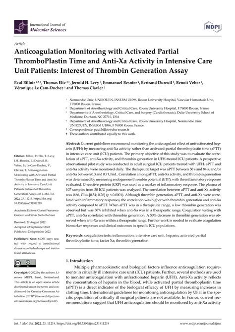 Pdf Anticoagulation Monitoring With Activated Partial Thromboplastin