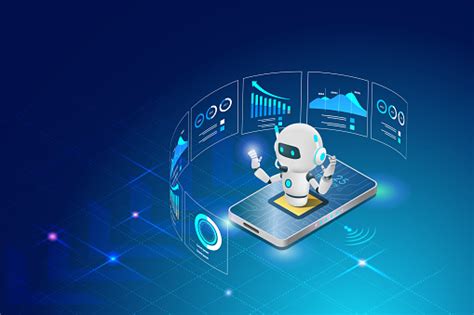 스마트 폰에서 비즈니스 그래프 차트 데이터를 분석하는 Ai 채팅 로봇 인공 지능 기술 혁명 및 개발 기계 학습 로봇 과학 연구를 비즈니스에서 구현합니다 인공지능에 대한 스톡