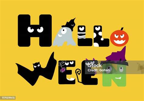 벡터와 일러스트 디자인에 의해 노란색 할로윈 테마 배경에 대한 만화 캐릭터 갱 문자에 대한 스톡 벡터 아트 및 기타 이미지 문자 할로윈 3차원 형태 Istock