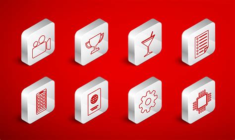 Cpu 트로피 컵 마티니 잔 문서 톱니바퀴 기어 설정 영화 비디오 카메라 여권 및 모바일 앱 아이콘이 있는 라인 프로세서를 설정합니다 벡터 3차원 형태에 대한 스톡 벡터