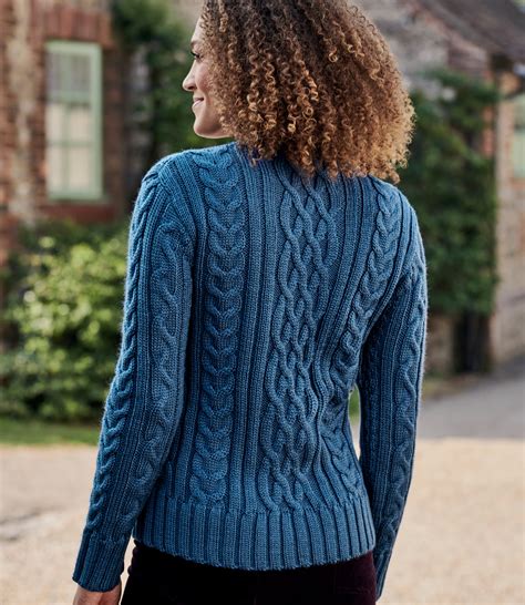 Peacock Navy Womens Pure Wool Aran Crew Neck Jumper Woolovers Au