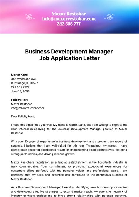 Free Business Development Manager Job Application Letter Template To Edit Online
