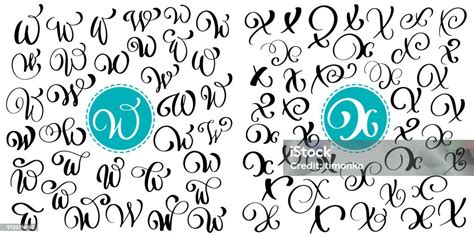 손으로 그린 벡터 서 예 문자 W X 스크립트 글꼴의 집합입니다 잉크와 함께 작성 하는 고립 된 편지 필기 브러쉬 스타일입니다 로고 포장 디자인 포스터에 대 한 손 글자